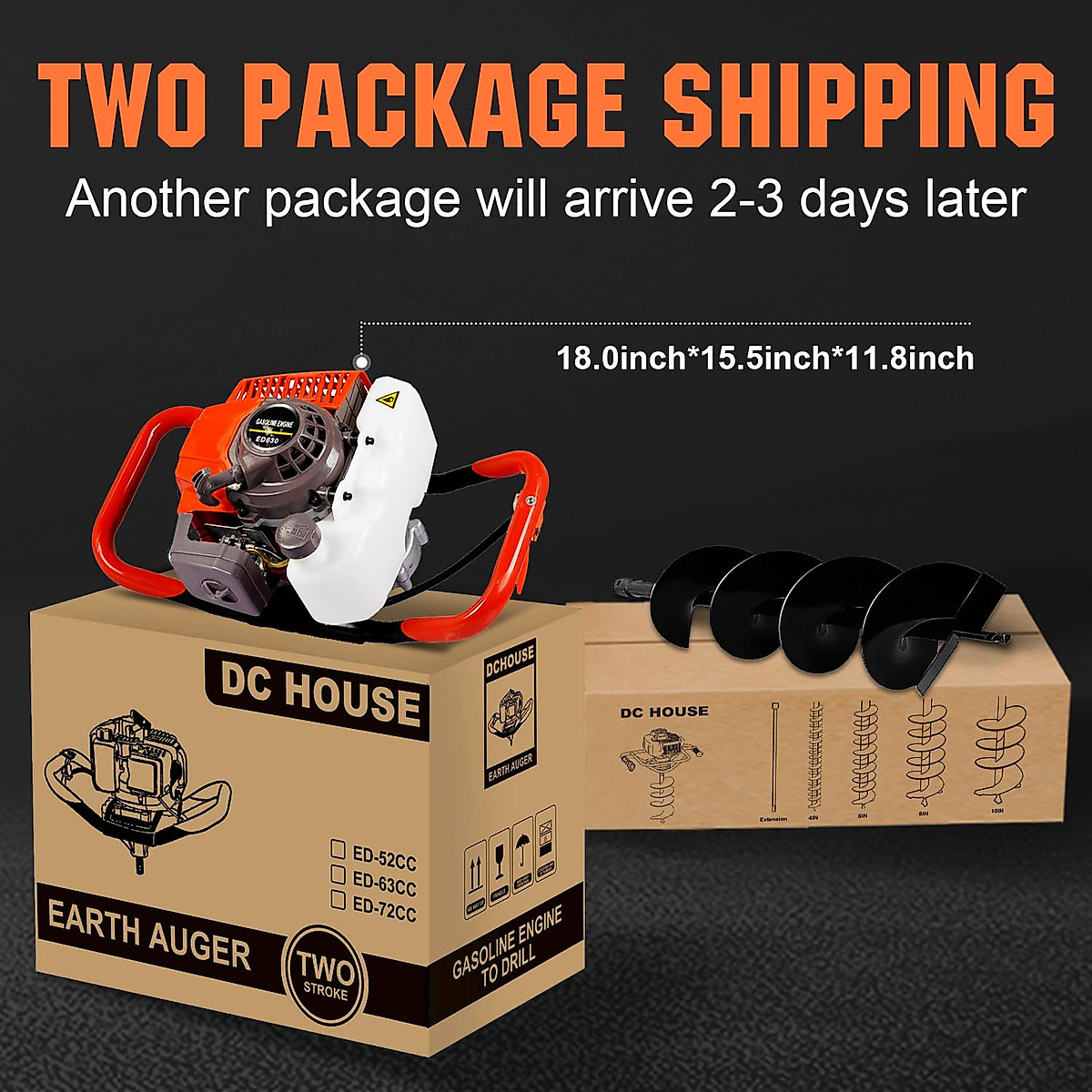 DC House 63CC 3.4HP 2 Stroke Gas Powered Auger Post Hole Digger with 2 Earth Auger Drill Bits 6" & 10" + 3 Extension Rods for Farm Garden Digging/Drilling/Planting (Subcontract delivery)