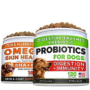 Fish Oil Omega 3 Treats for Dogs + Dog Probiotics Treats for Picky Eaters Bundle - Allergy Relief, Joint Health, Itch Relief. Skin & Coat Supplement + Enzymes + Prebiotics for Digestion Support