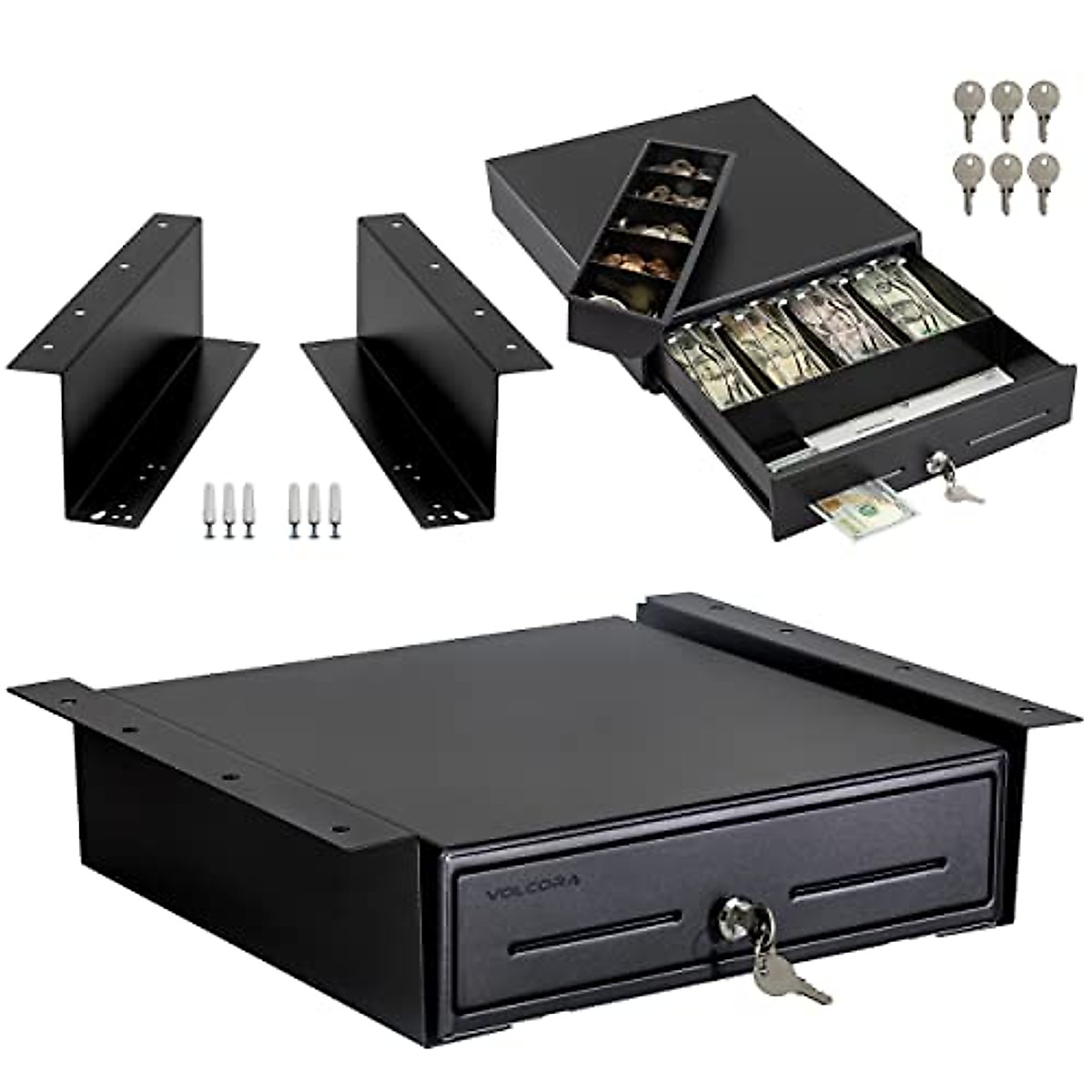 Cash Register Drawer with Under Counter Mounting Metal Bracket - 13" Black Cash Drawer for POS, 4 Bill 5 Coin Cash Tray, Removable Coin Compartment, 24V RJ11/RJ12 Key-Lock, Media Slot - For Businesses