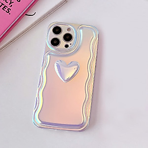 Qokey for iPhone 14 Pro Max Case 6.7 inch,Cute 3D Love Heart Wave Frame Soft TPU Sparkle Bling Laser Colorful Light Glitter Phone Case for iPhone 14 Pro Max for Women Girls Purple