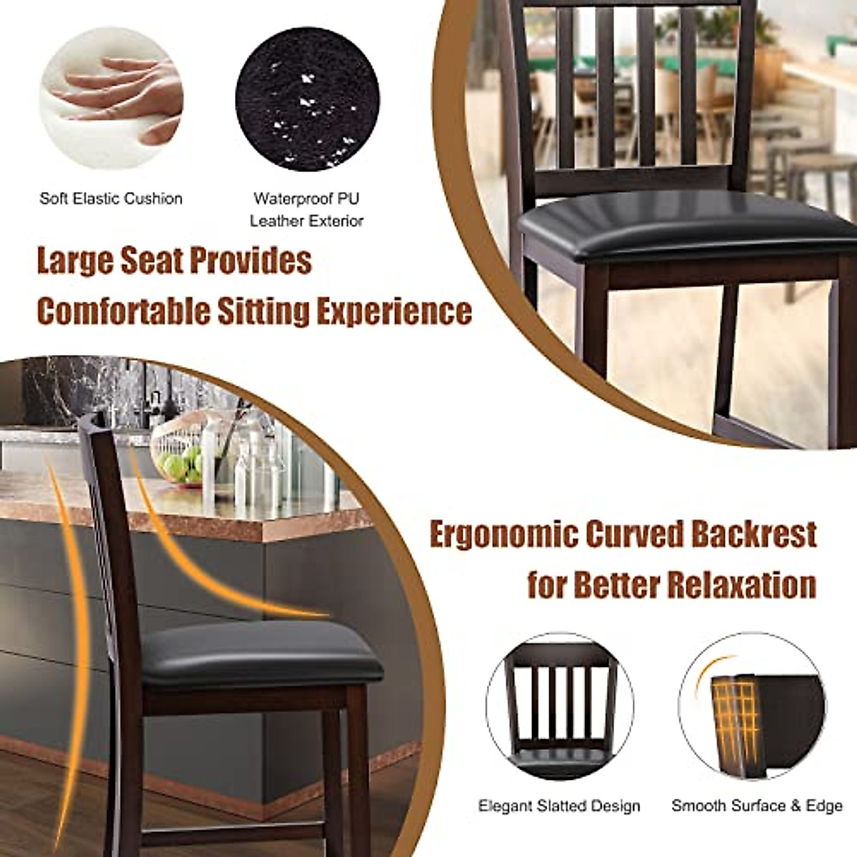 COSTWAY Bar Stools Set of 2, 25” Counter Height Pub Chairs with Rubber Wood Legs, Armless Bar Chairs with Elastic Cushion & PU Cover for Kitchen, Living Room, Bar, Fit Residential Use (2)