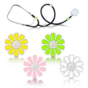 Woanger 4 Pcs Sunflower Bling Stethoscope Charms Flower Stethoscope Tag Stethoscope Accessories Gift for Doctor Nurse Nursing Students, Pink, White, Yellow and Green