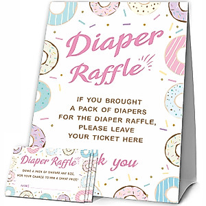 JCVUK Baby Shower Games, 1 Diaper Raffle Standing Sign with 50 Diaper Raffle Tickets,Donut Love Theme Babyshower Party Decorations and Supplies For Boys or Girls(LBLK-B09)