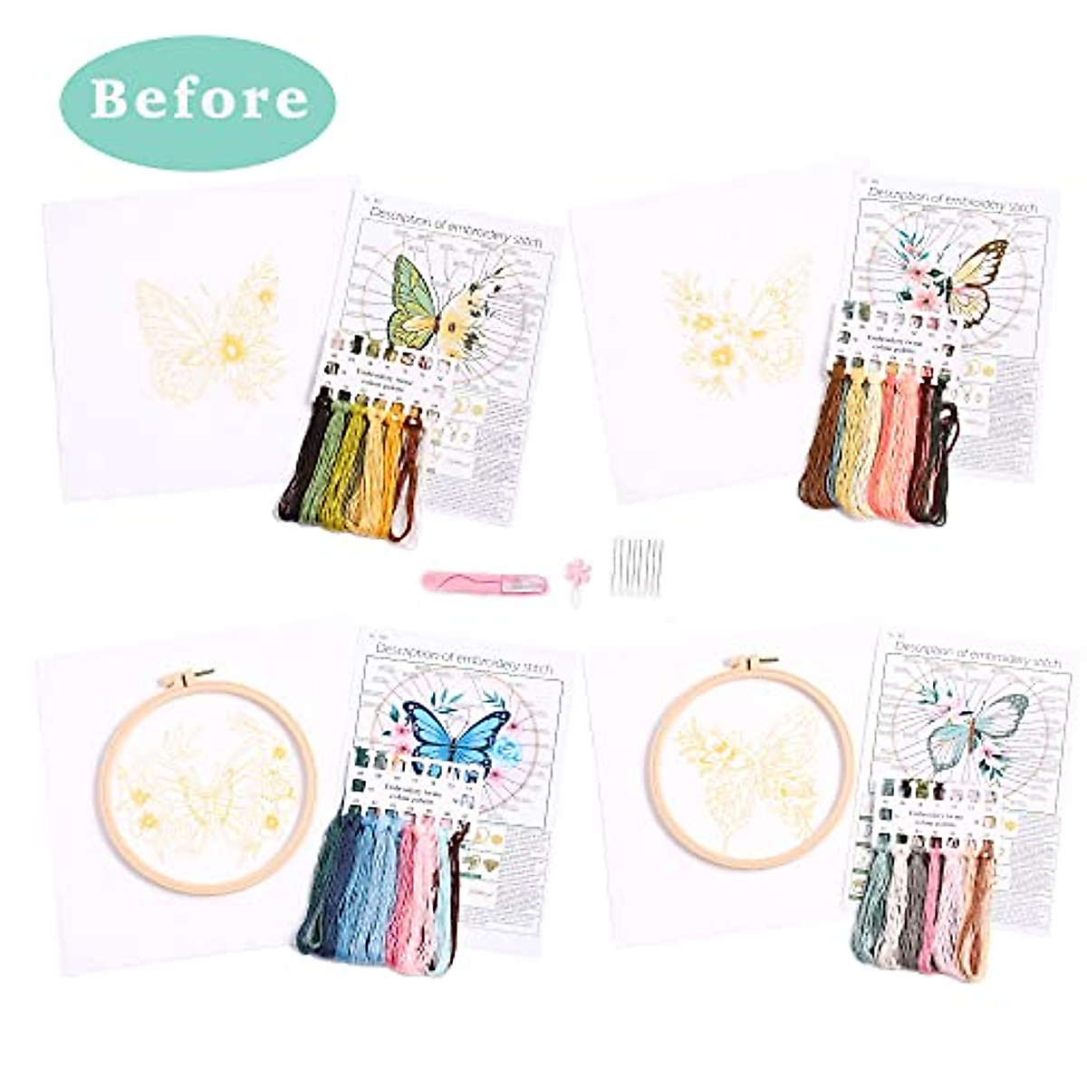 REEWISLY 4 pcs of Embroidery Starter kit with Patterns and Instructions, DIY Adult Beginner Cross Stitch Kits, Including 2 Plastic Embroidery Hoop, 1 Pair of Scissors, Colored Threads and Needles