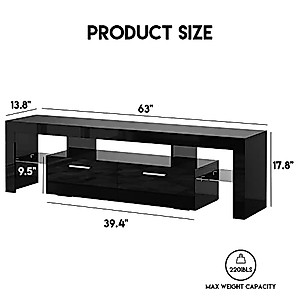 SANYOAC Black Stand for 55/60/65/70/75+ Inch Led TV, Modern Entertainment Center with Storage and Shelves for Video Gaming, Living Room Bedroom