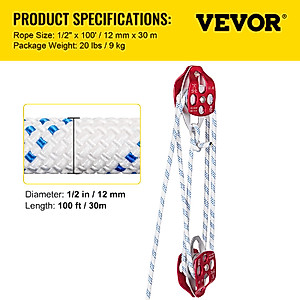 Mophorn Twin Sheave Block and Tackle 1/2" x 100Ft Twin Sheave Block with Braid Rope 30-35KN 6600-7705LBS Double Pulley Rigging