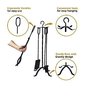 yinat Fireplace Tools Set, 5 Pieces of Fire Pit Tools,Firewood Holder Tools Kit Sets with Handles,Outdoor Accessories Kit,Black,Wrought Iron