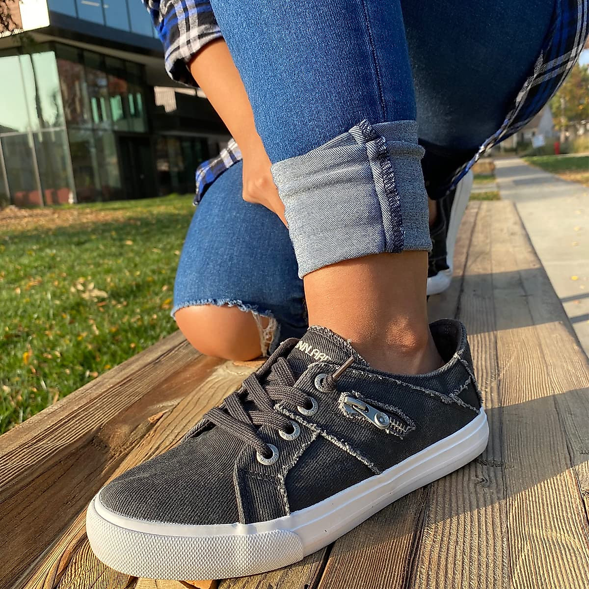 JENN ARDOR Slip-On Sneakers Women's Walking Shoes Dressy Casual Canvas Sports Tennis Loafers Retro Fashion Comfy Cute Zipper Decor Flats Dark Grey