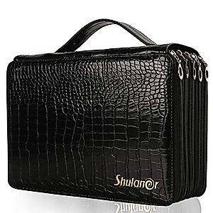 Shulaner 160 Slots Gel Pen or Colored Pencil Case with Zipper Closure Large Capacity PU Leather Pen Organizer for Student or Artist Black