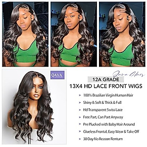 QAVA 30 inch Lace Front Wig Human Hair Pre Plucked 180 Density Body Wave 13x4 Glueless HD Transparent Lace Frontal Wigs Human Hair Brazilian Virgin Human Hair Wigs for Black Women