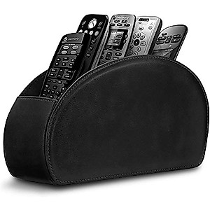 Leather Remote Control Holder with 5 Compartments TV Remote Caddy Storage Box/Tray,Desktop Organizer Store Controller,Glasses,Brush,Media Player,Pen,Space Saver for Bedside Table/Office Desk(Black)