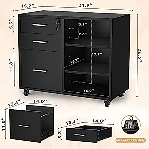 Shahoo 3 Drawer Filing Cabinet, Mobile Lateral Printer Adjustable Open Storage Shelf, Lockable Wheels for Home Office, Dark Black