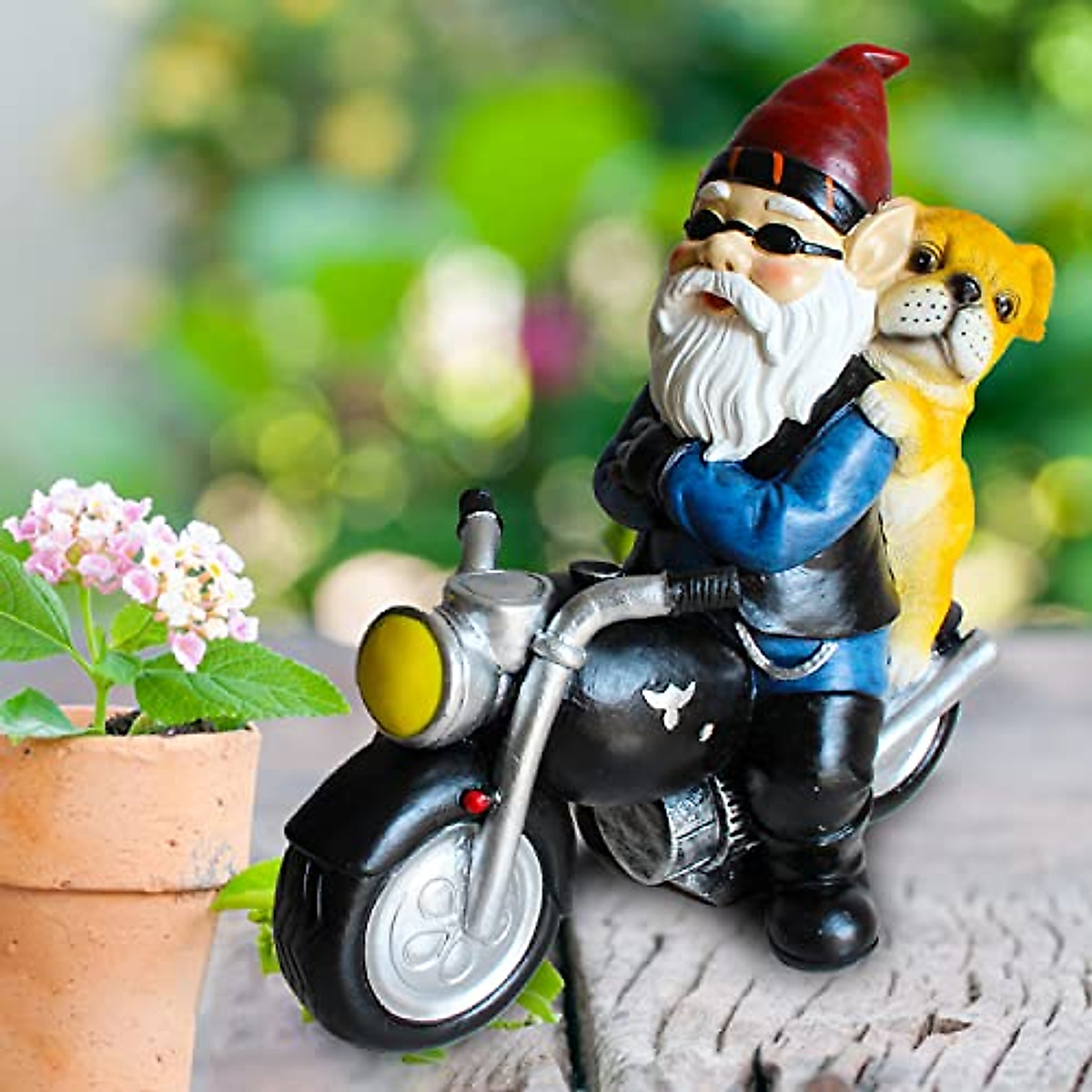 JHWKJS Garden Gnome with Lovely Dog Riding Motorcycle, Funny Outdoor Gnome Decoration Indoor Outdoor Lawn Figurines for Home Yard Décor