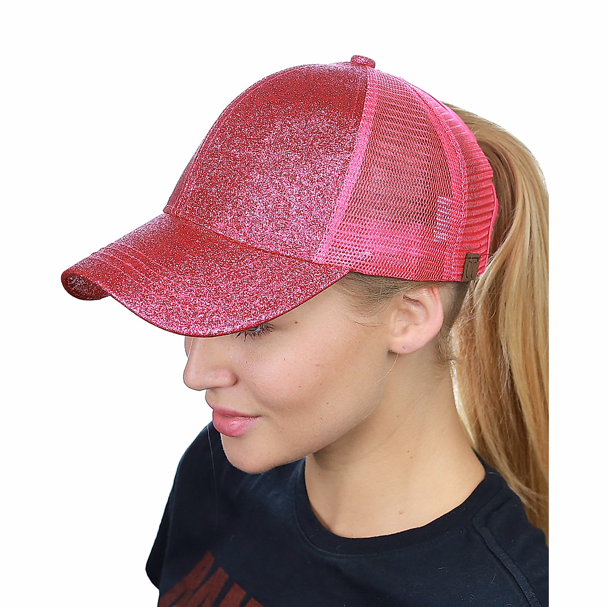 C.C Ponycap Messy High Bun Ponytail Adjustable Glitter Mesh Trucker Baseball Cap, Hot Pink