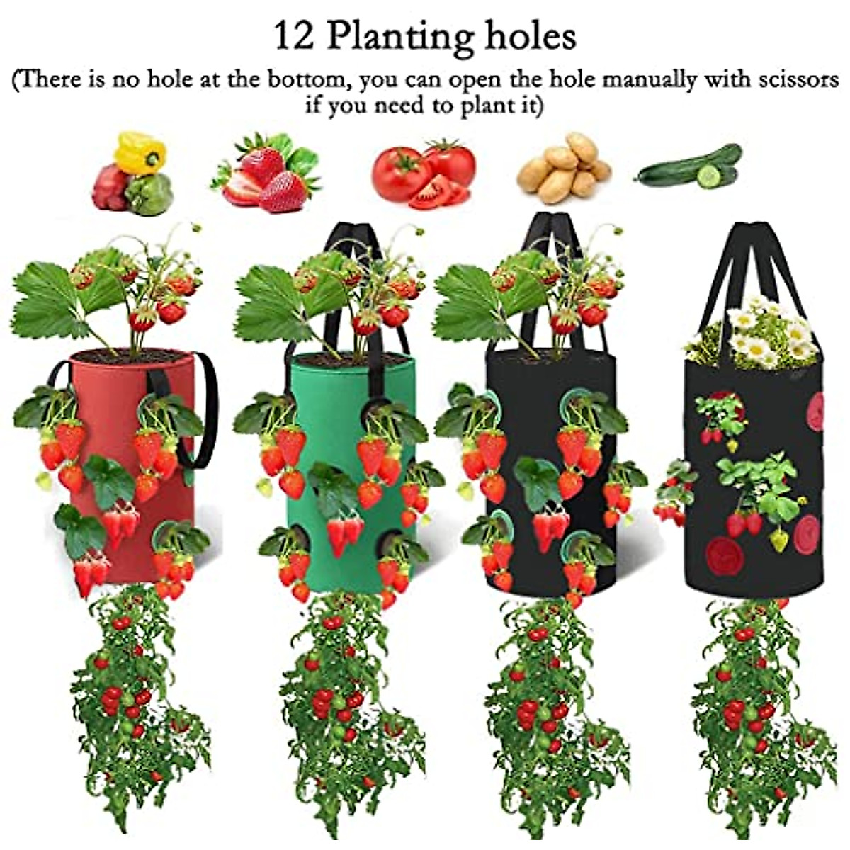 4 Pcs Upside Down Strawberry Planter- 4 Hooks 3 Gallon Hanging Strawberry Planter Hanging Planter,Sturdy Hanging Handle Thickened Breathable Felt Cloth for Tomato Hot Peppers Vegetables (4Pcs 3Gal)
