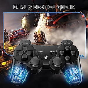 Diswoe Controllers for PS-3, Wireless PS-3 Controller 2 Pack, Bluetooth Gamepad Joystick, Double Vibrating Controller for Play_station 3 with 2 USB Charging Cables Thump Grips, Black