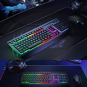 HovingTech Gaming Keyboard, USB Wired Keyboard with Metal Panel Rainbow Backlight, LED Illuminated Ergonomic Wrist Rest, Shortcuts, 19-Key Anti-Ghosting, Laptop & Desktop PC Computer Black