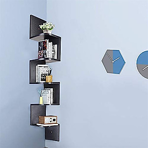 Guangshuohui Wood Corner,5 Tiers Wall Shelf Zig Zag Wooden Shelves Wooden Mount Rack Home Furniture,7-7/8"L x 7-7/8"W x 48-7/16"H(20x20x123cm) (Black)