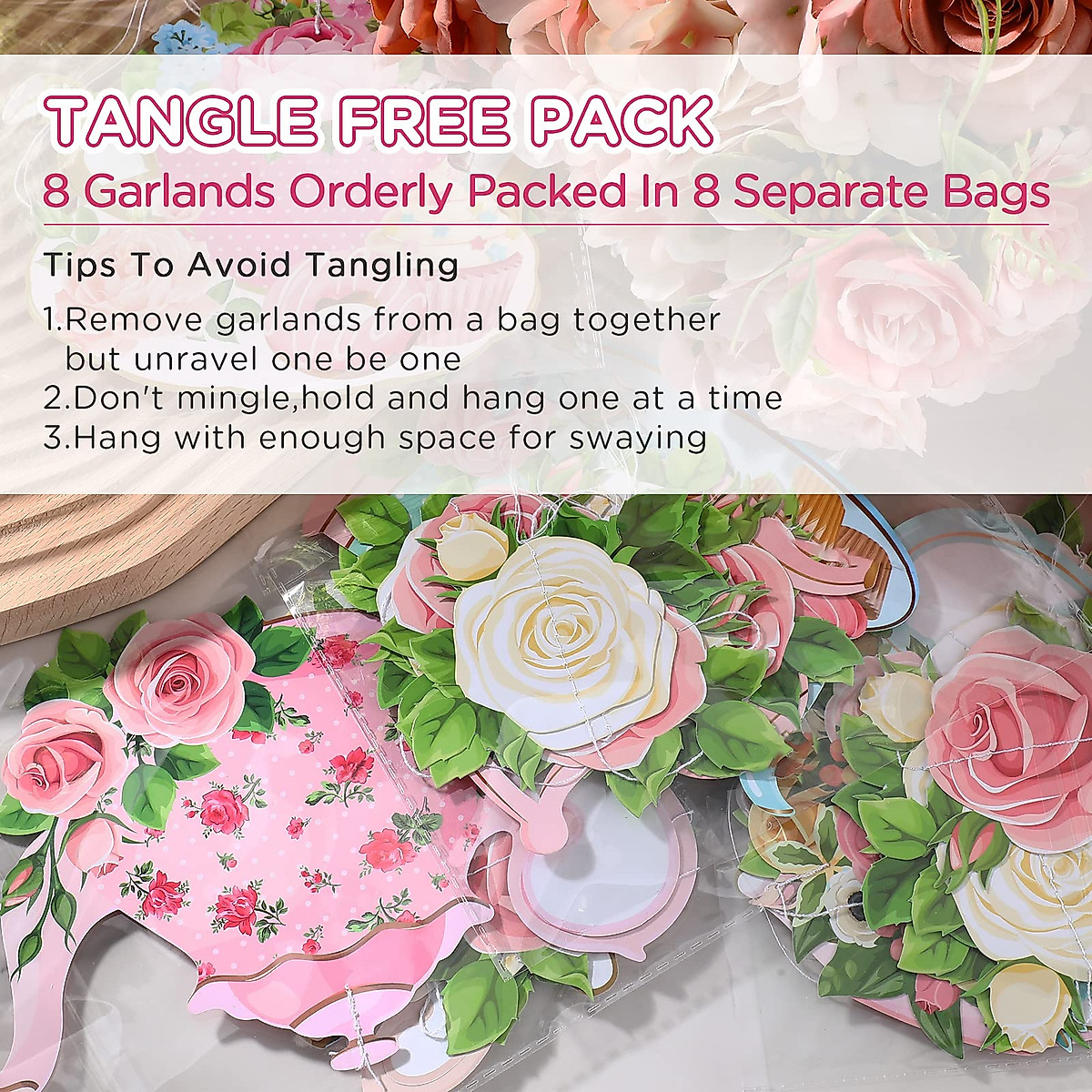 Tea Party Decorations Floral Tea Party Double Sided Hanging Garland Decorations Favors for Baby Shower Gender Reveal Birthday Bridal Wedding Girls Tea Party Birthday Decorations 32" 8 Pack