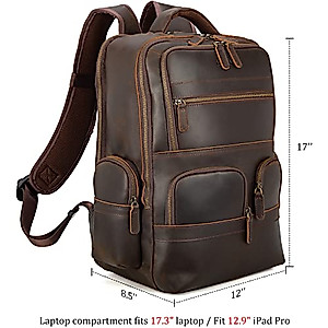 Polare Full Grain Leather 17.3 Inch Laptop Backpack 29L Large Business Overnight Weekender Rucksack Vintage Multi Pockets Travel Computer Bag
