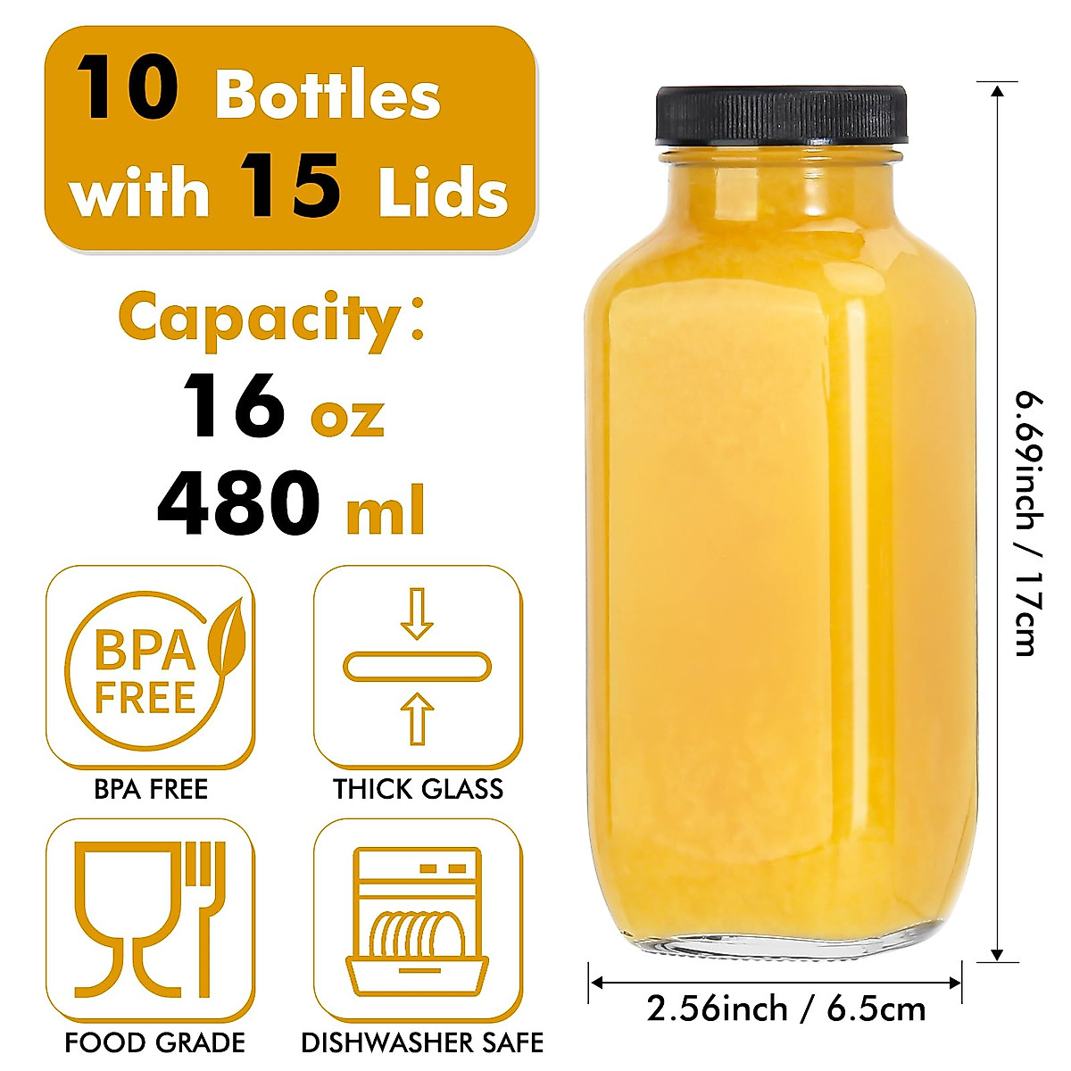 Ruckae 16oz 10pcs Glass Juice Bottles with Lids and Hole, Square Juicing Bottles Reusable Glass, Clear Glass Juicer Containers with Brush for Liquids, Juices, Smoothies, Salad Dressings, Picnics