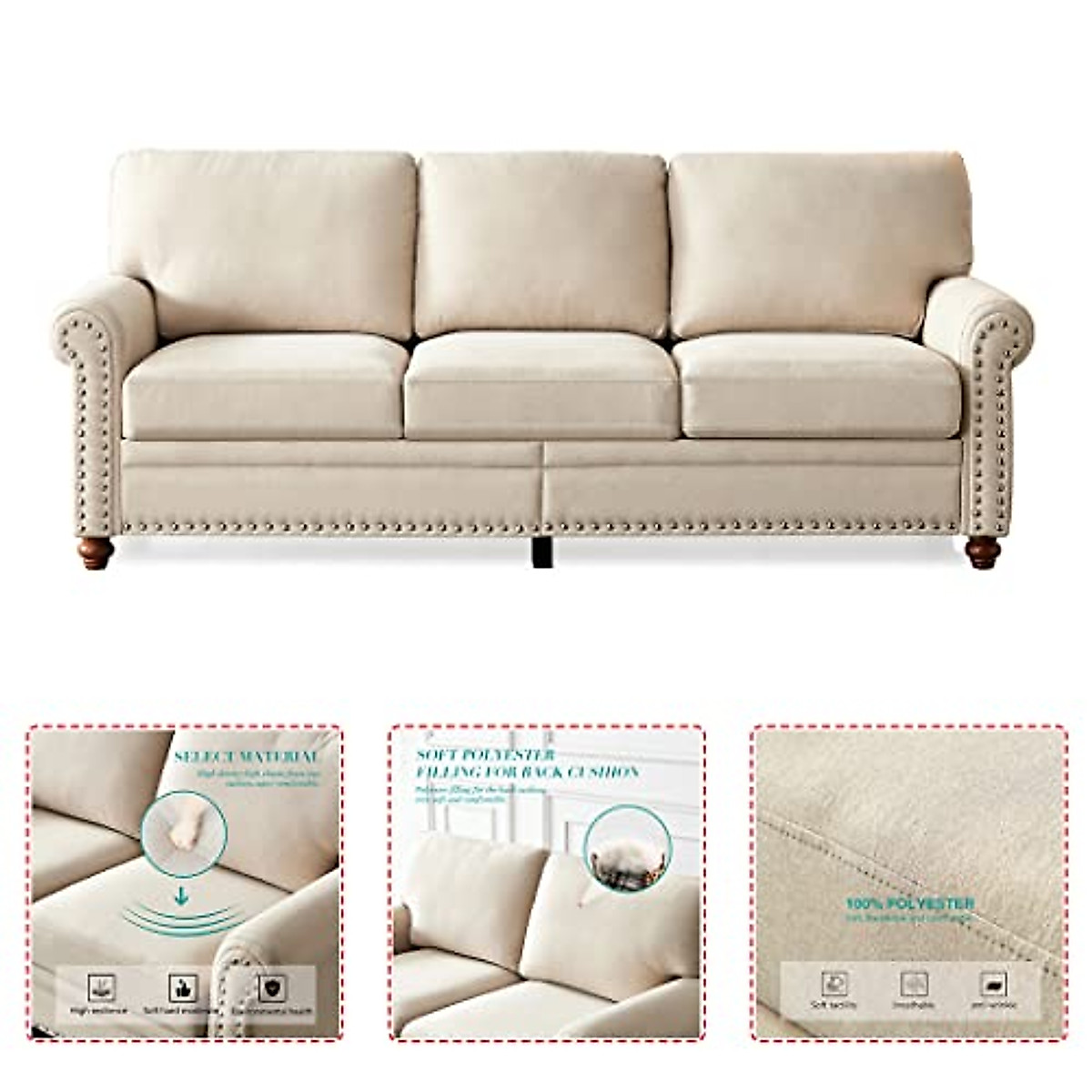 DNChuan 3 Seater Sofa Couch,Fabric with Nails Style and Wood Legs/Easy Assembly,Beige