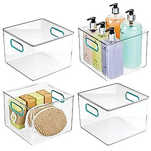 mDesign Plastic Storage Bin with Handles for Organizing Hand Soaps, Body Wash, Shampoos, Lotion, Conditioners, Hand Towels, Hair Accessories, Body Spray, Mouthwash - 8" Square, 4 Pack - Clear/Blue