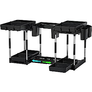 Double Sliding Under Sink Organizers and Storage - 2 Tier Pull Out Under Kitchen Cabinet Organizer w 4 Hanging Cup,8 Hooks,4 Dividers, Under Counter Sink Organization for Bathroom, Adjustable H and W