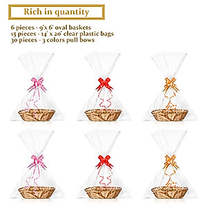 Oval Basket Food Storage Basket Woven Empty Basket Fruit Basket 9 x 6 x 2.25 Inches Present Baskets with Colorful Pull Bows and Clear Bags for Kitchen, Restaurant, Wrapping Presents (6 Pack)