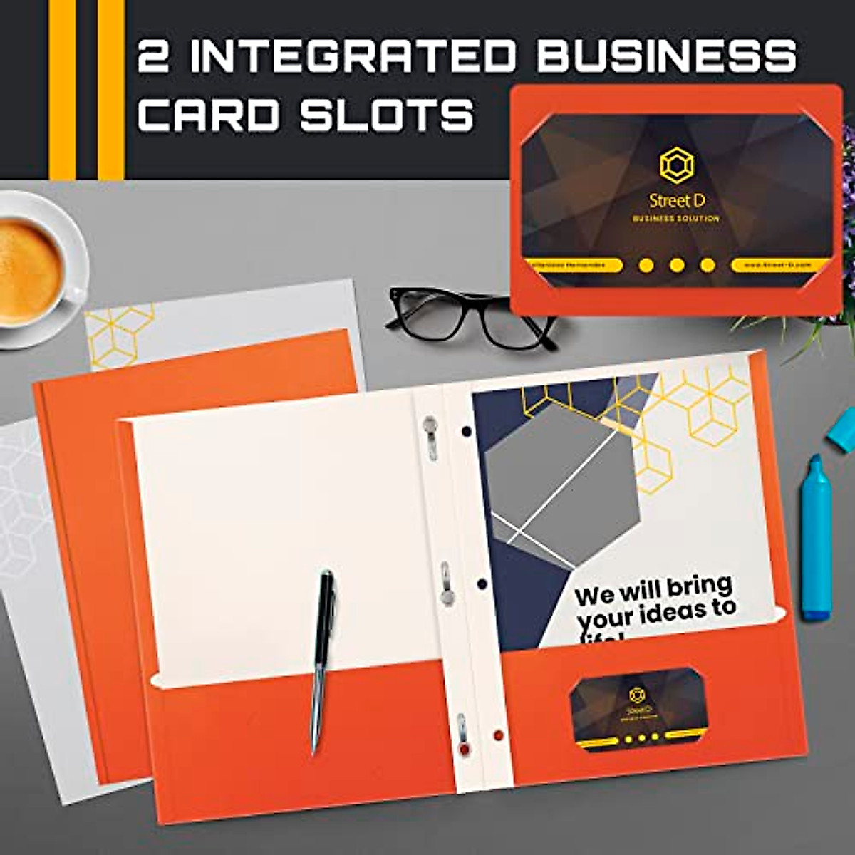 Orange Paper 2 Pocket Folders with Prongs, 50 Pack, by Better Office Products, Matte Texture, Letter Size Paper Folders, 50 Pack, with 3 Metal Prong Fastener Clips, Orange