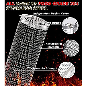 Rolling Grilling Baskets for Outdoor Grill Bbq Net Tube Stainless Steel Large Round Mesh Barbecue Cylinder Cage Cooking Accessories for Veggies Vegetable Fish Camping, Gift for Men Dad Husband Him Father Papa Best Friend New Home Hoursewarming House