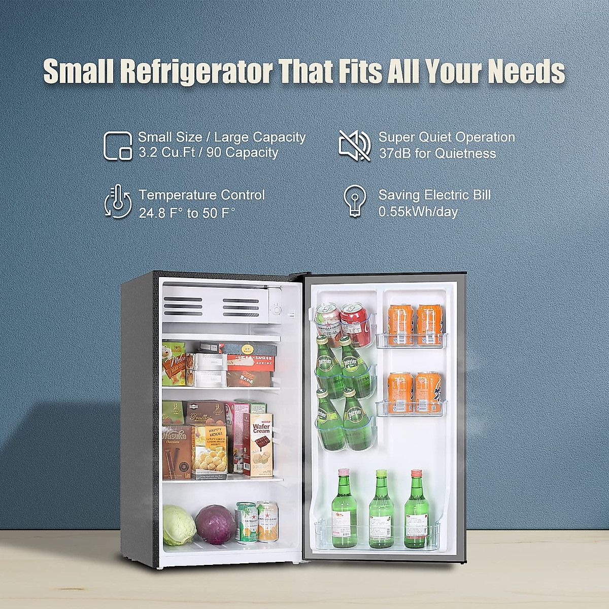 Frestec Mini Fridge with Freezer, 3.2 Cu.Ft Mini Refrigerator with One-touch Easy Defrost,37 dB Low Noise, Compact Small Refrigerator for Dorm, Bedroom, Office (Black)