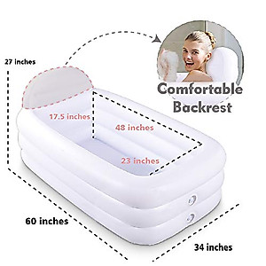 HIWENA Inflatable Portable Bathtub, White Durable Soaking Bath Tub with Large Backrest, Freestanding Inflatable Pool Bathroom Home Spa
