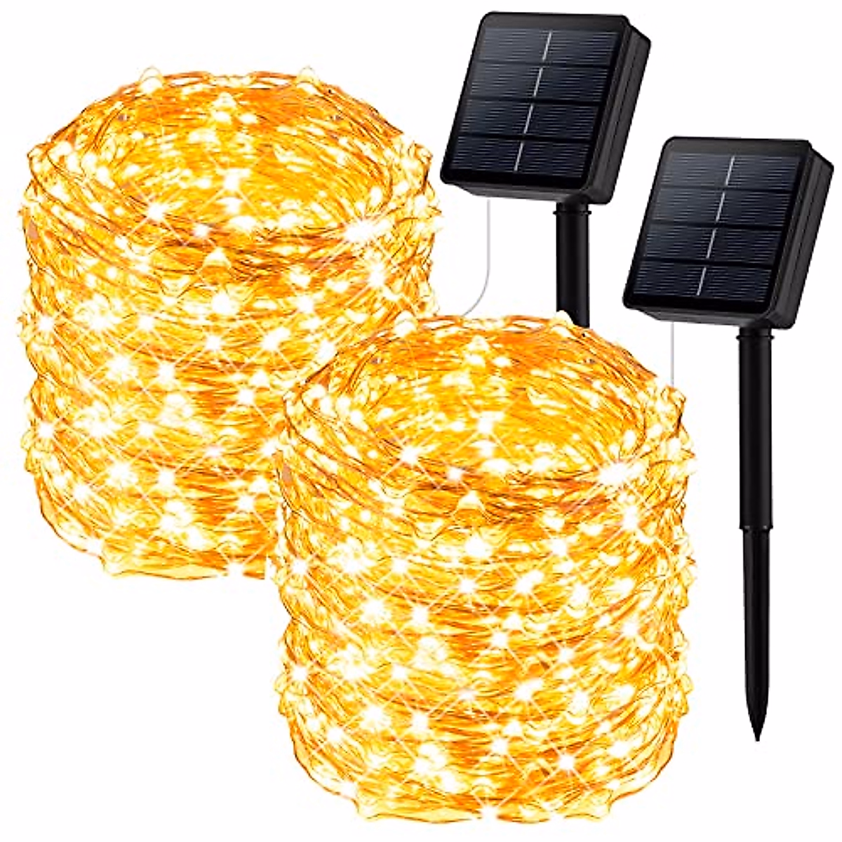 Solar String Lights Outdoor, 2 Packs Each 33Ft 100LED Solar Fairy Lights with 8 Modes, Waterproof Firefly Twinkle Lights for Christmas Patio Yard Trees Wedding Party (Warm White)