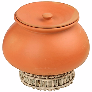 Swadeshi Blessings HandMade Exclusive Range Unglazed Mud/Earthen Handi/Mitti Ke Bartan/Clay Pot for Cooking & Serving with Lid, 3 Liters (with Mirror Shine) + Free Palm Leaf Stand
