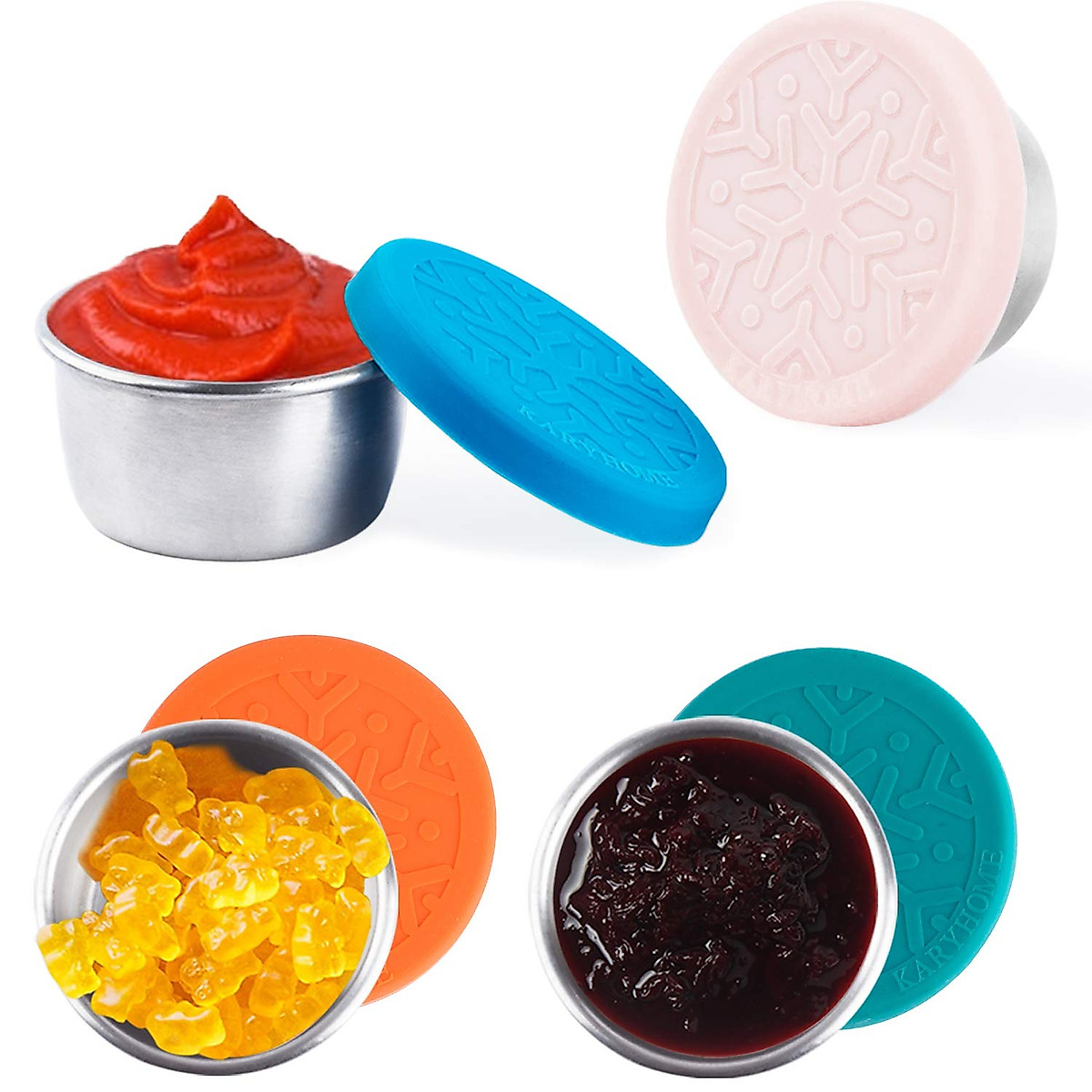 Salad Dressing Container To Go, 4x1.6oz Stainless Steel Condiment Containers with Lids, Premium Silicone, Leakproof and Reusable Small Containers with Lids