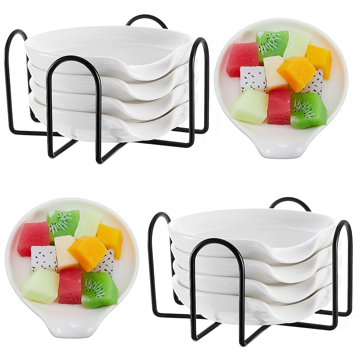 Bokon 8 Pack Ceramic Spoon Rest with 2 Metal Holders Spoon Holder for Stove Top White Coffee Spoon Rest Utensil Rest Household Dipping Sauce Dishes for Kitchen Ladle Tong Fork Housewarming Gifts