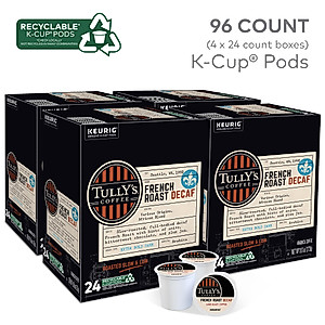 Tully's Coffee French Roast Decaf, Single-Serve Keurig K-Cup Pods, Dark Roast Coffee Pods, 96 Count, 24 Count (Pack of 4)