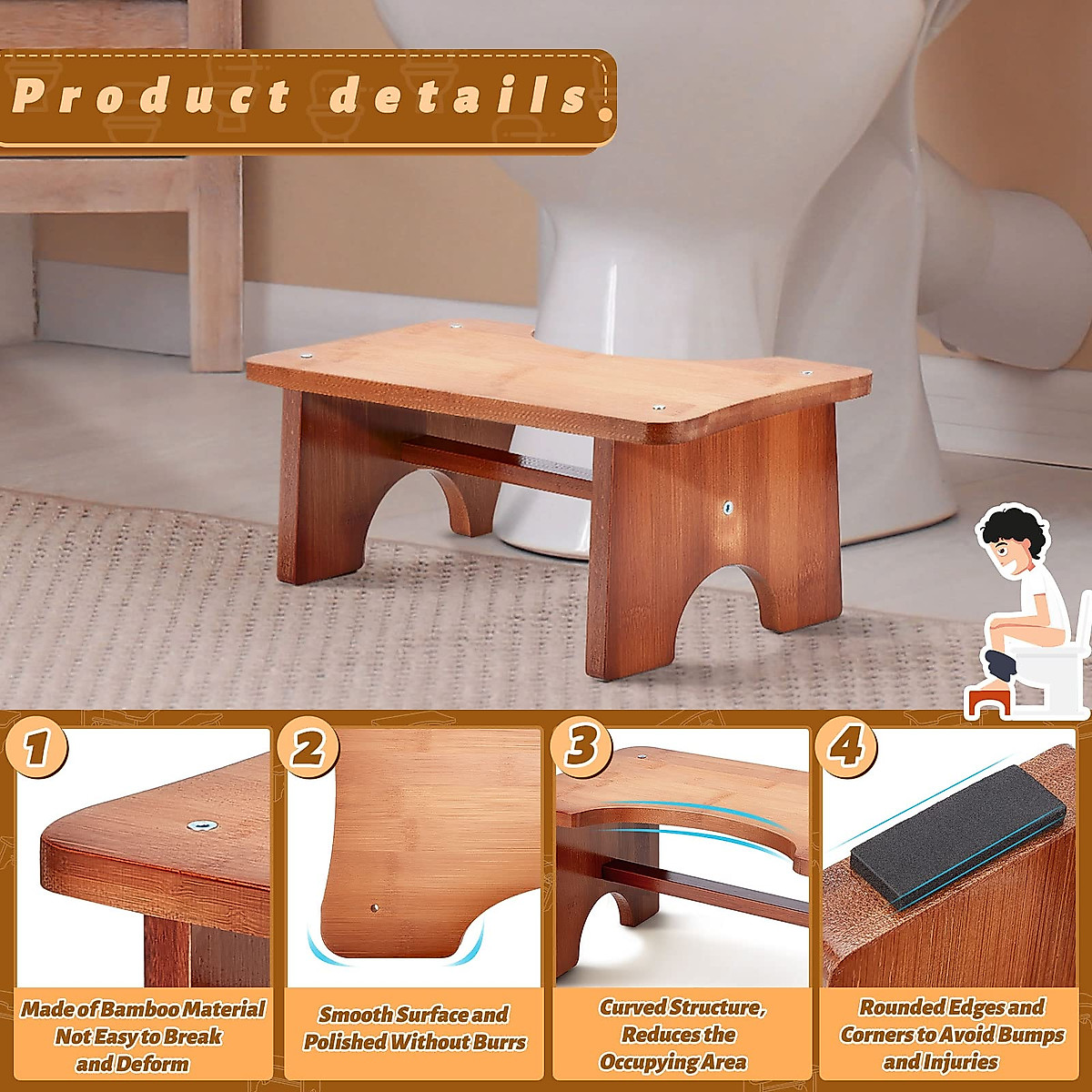 Toilet Squatting Stool Bamboo Toilet Foot Stool Bathroom Step Stool Non-Slip Potty Stool for Children and Adults in Bathroom Toilet, 6.7 Inches in Height (Dark Brown)