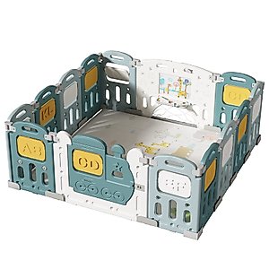 UNICOO – Baby Playpen, Foldable Kids Fence Activity Center, Safety Playard with Games Station Non-Slip Rubber Bases, Adjustable Shape, Portable Design (ZC-001-MGW Mint Green+White)