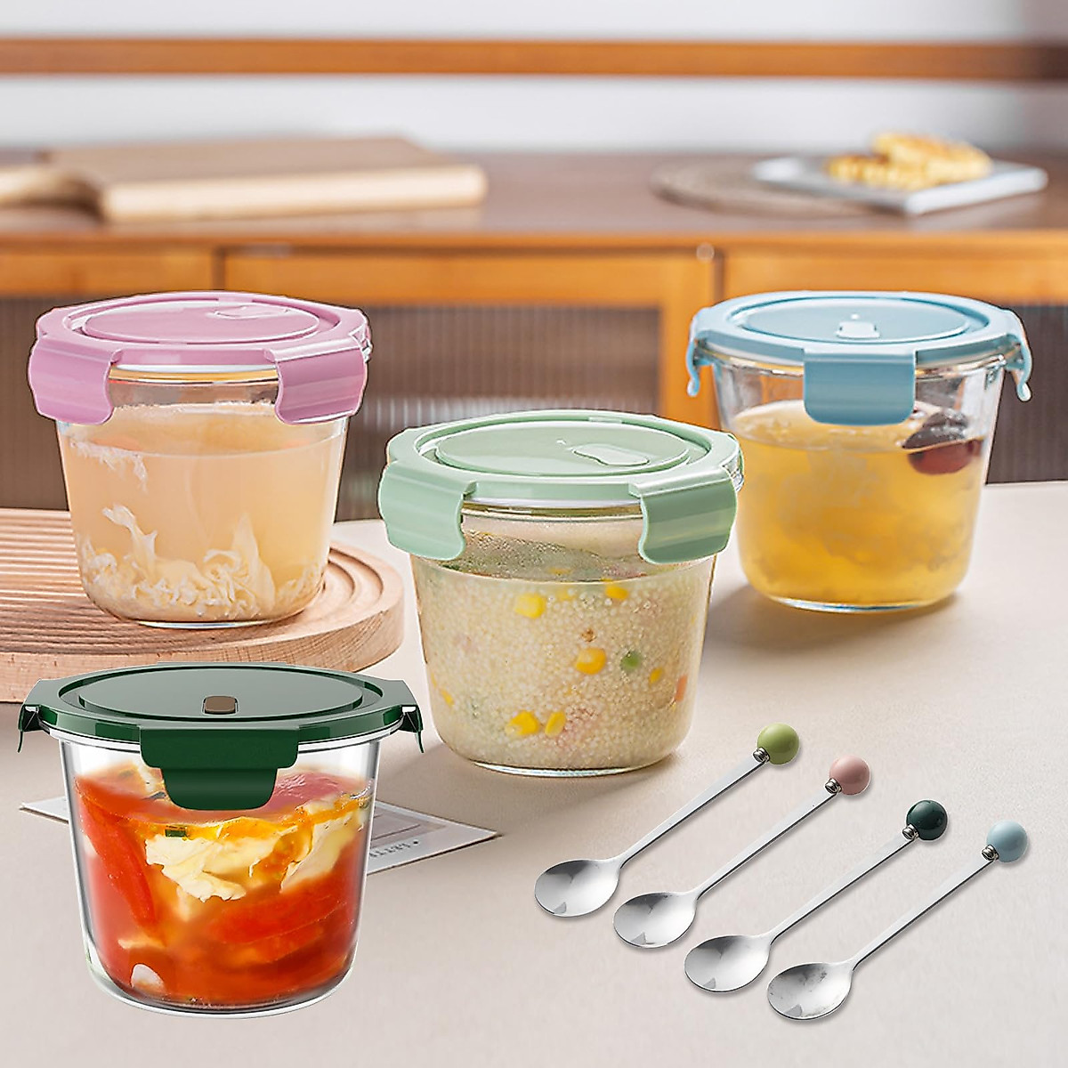 GO2HEJING Glass Food Storage Containers with Spoon Pack of 4, 23oz Glass Soup Containers with Airtight Lids, 3 Cup Leak-proof Round Glass Meal Prep Containers Microwave, Dishwasher and Freezer Safe