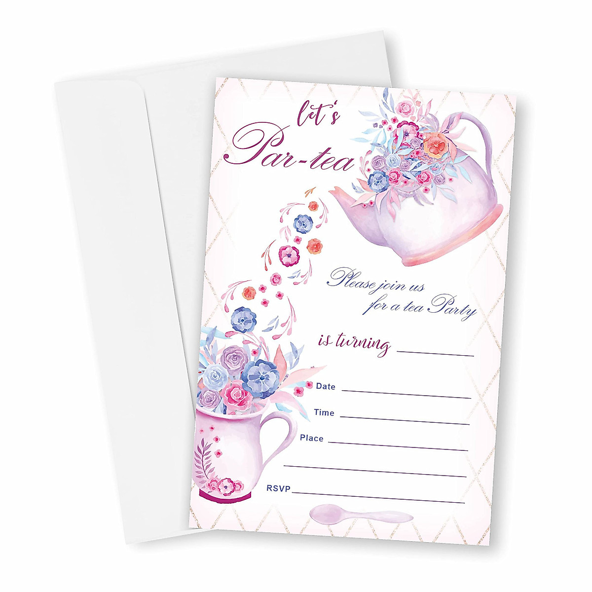 Tea Party Birthday Invitations, Par-tea Birthday Party Invites Decorations, Kids Adults Birthday Party and Events Supplies, 20 Fill-in Invites Cards with Matching Envelopes（YQK-038）