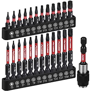25-piece Torx Bit Set, 1''&2.5'' Security Tamper Proof Torx Impact Screwdriver Bits, T5-T40 CNC Machined Magnetic Tips, S2 Steel Star Bit, High Torque Strength Precision Tools with Storage Box