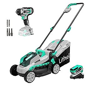 Litheli Cordless Lawn Mower 13 Inch & Impact Driver, 5 Heights, 20V Electric Lawn Mowers for Garden, Yard and Farm, with Brushless Motor, 4.0Ah Battery & Charger Included