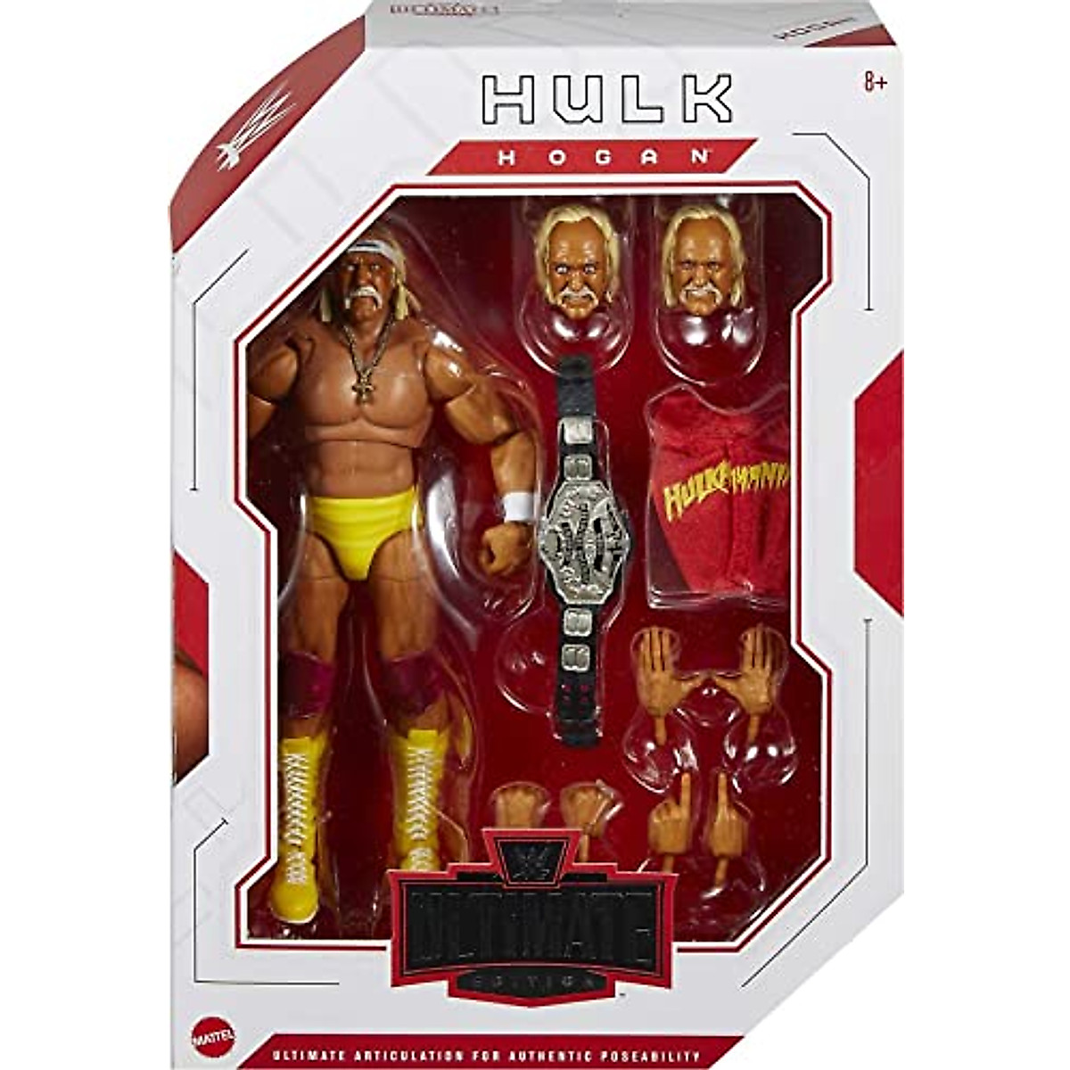 Mattel WWE Ultimate Edition Action Figure & Accessories Set, Hulk Hogan 6-inch Collectible with 30 Articulation Points, Swappable Pieces & Entrance Gear