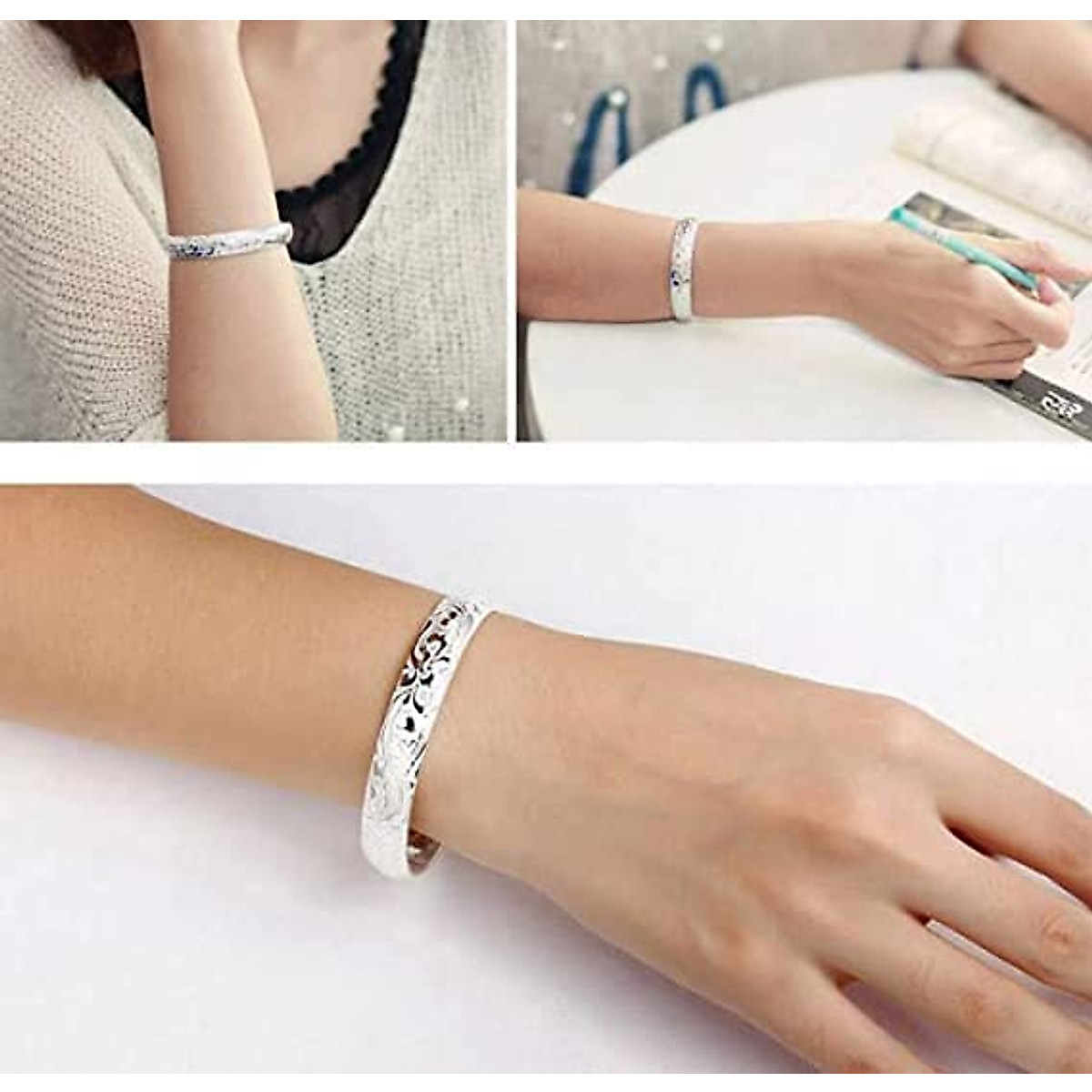 TOPOB Classic 925 Sterling Silver Bracelet, Ladies Fashion Pattern Open Alloy Jewelry Cuff Bangle Chain Bracelets (Silver)