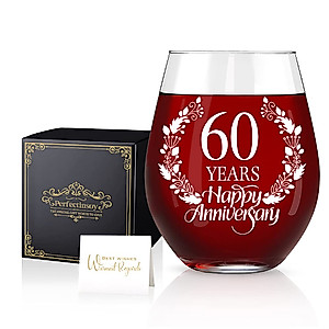 Perfectinsoy 60 Years Happy Anniversary Wine Glass with Gift Box, 60th Anniversary Wedding Gift For Mom, Dad, Wife, Soulmate, Couple, Funny Vintage Unique Personalized, 60 Years Gifts