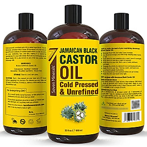 Seven Minerals, Pure Jamaican Black Castor Oil - Big 32 fl oz Bottle - Unrefined & Hexane Free - for Hair Growth, Thicker Eyelashes & Eyebrows, Dry Skin, Healing, Hair Care