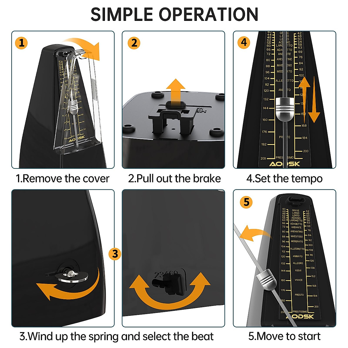 AODSK Mechanical Metronome Black Universal Metronome for Piano Guitar Violin Drums and Other Instruments Standard Loud Sound