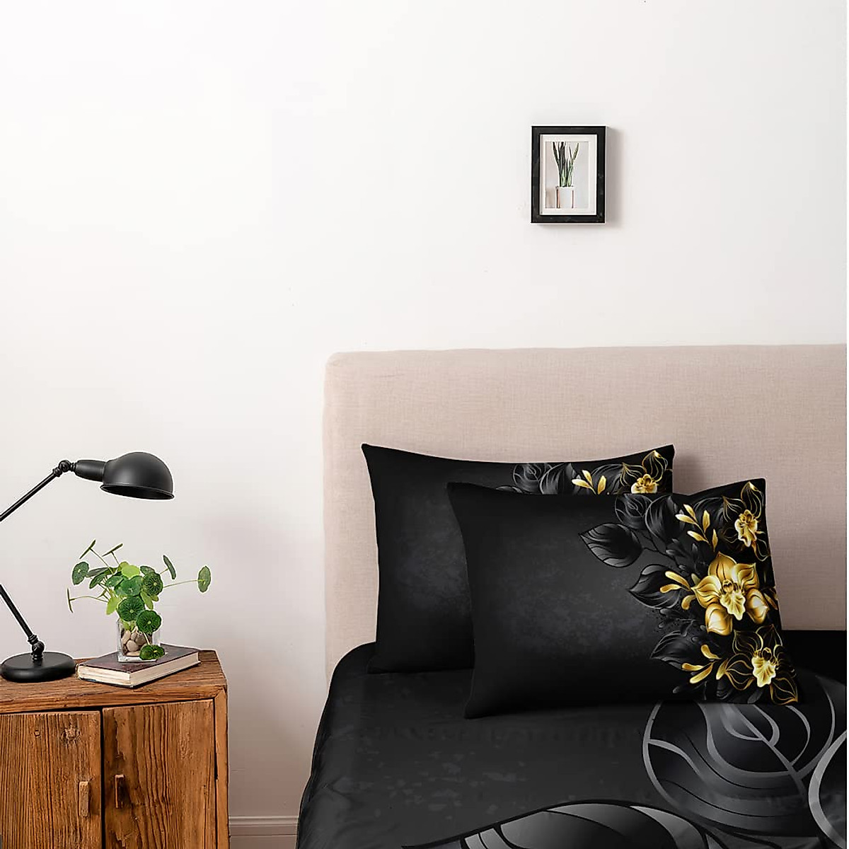 Holiyjog Gold Flowers Duvet Cover Set Black Color Background Comforter Covers Queen Size Boho Bedroom Bedding Sets Queen Size